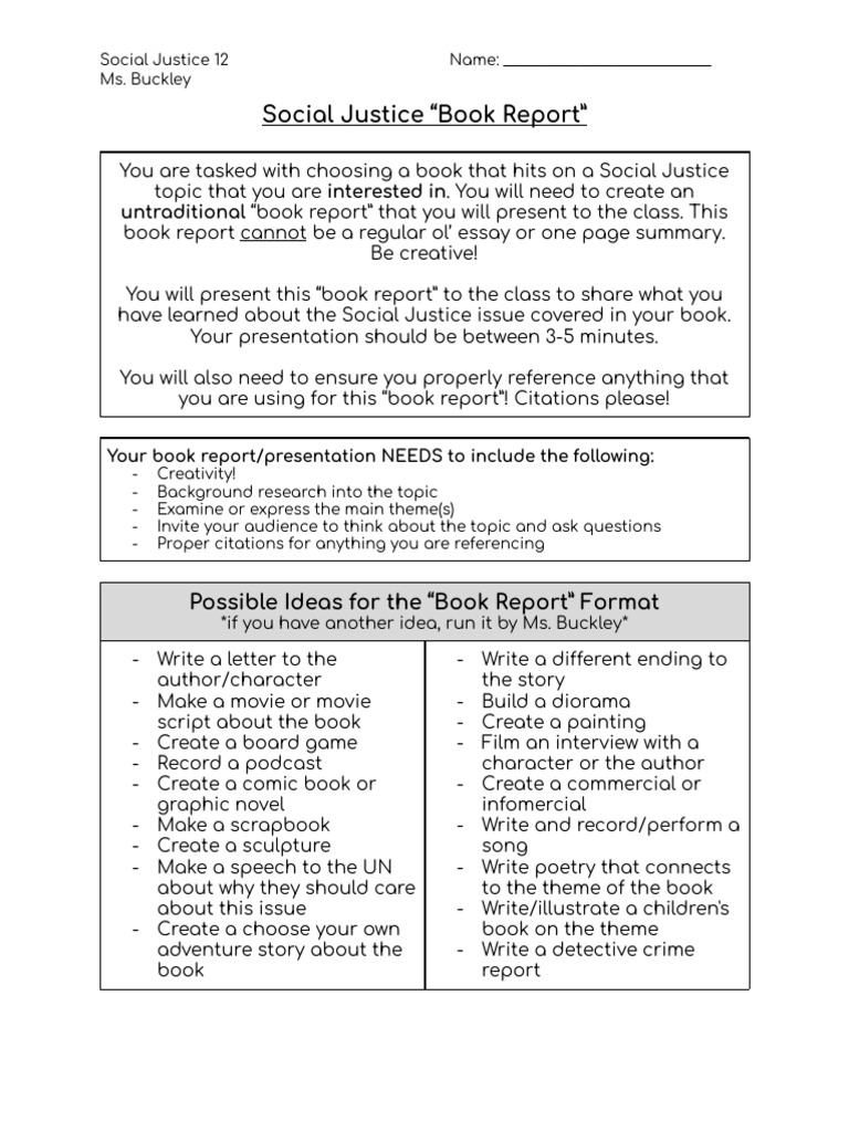 SJ Book Report Project Outline Rubric 1 | PDF