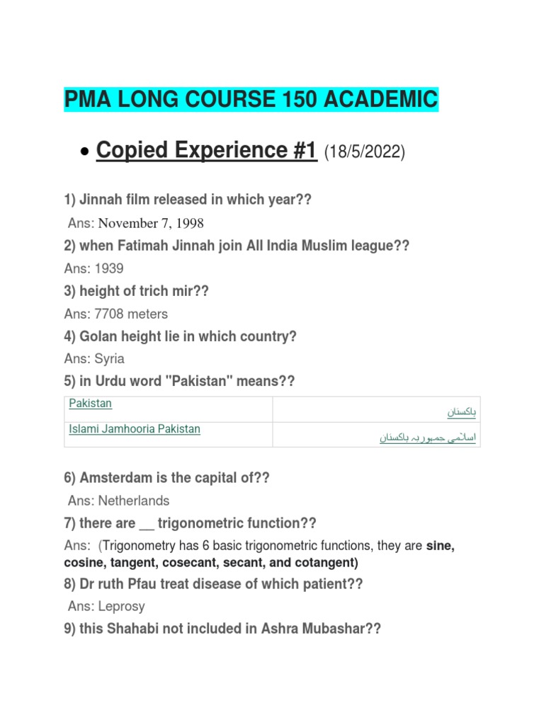Pma Long Course 150 | PDF | Trigonometric Functions | Pakistan