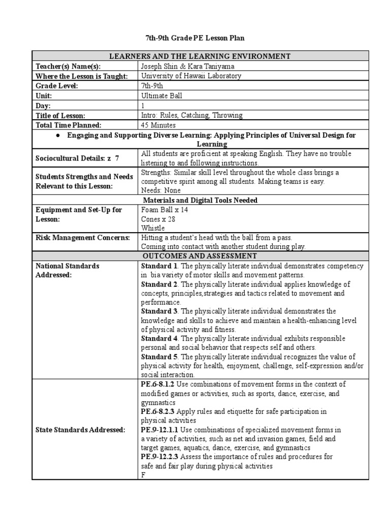 7th-9th Grade Pe Lesson Plan Ultimate Ball | PDF | Differentiated ...