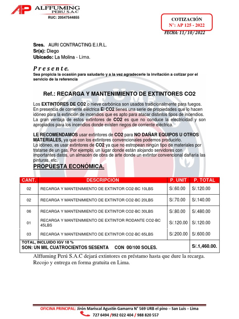 Recarga de Extintor Co2-Bc 125 - Auri Contracting E.I.R.L. | PDF