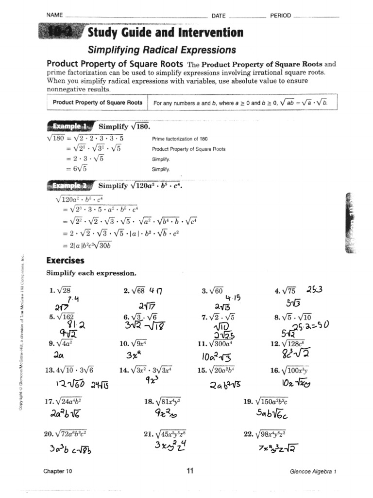 Worksheet 10.2 Simplifying Radical Expressions | PDF