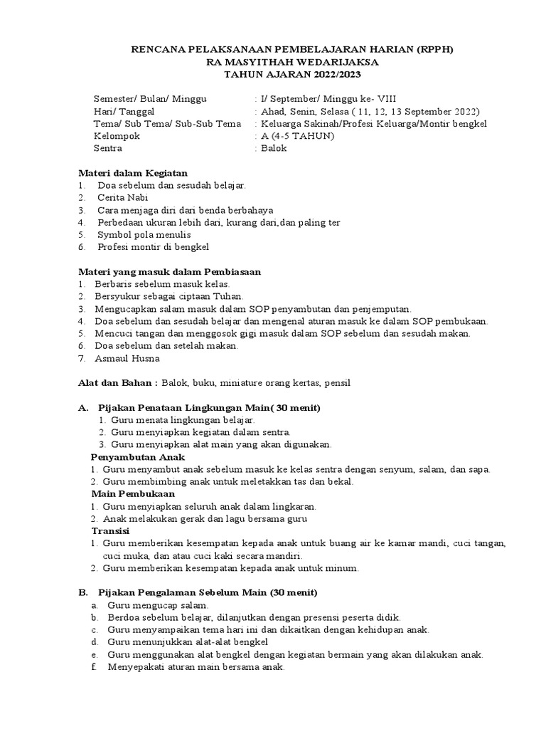RPPH SENTRA BALOK TP 22-23 Profesi Montir Bengkel Keluarga Sakinah | PDF