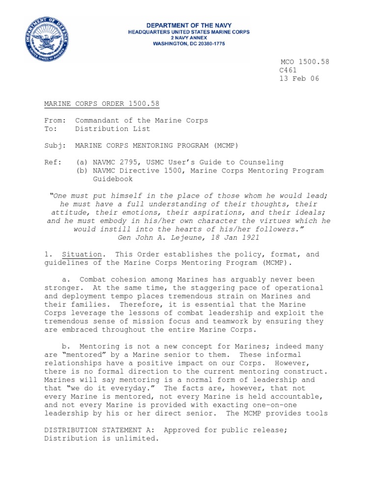 MCO 1500.58 USMC Mentoring Program | Mentorship | United States Marine ...