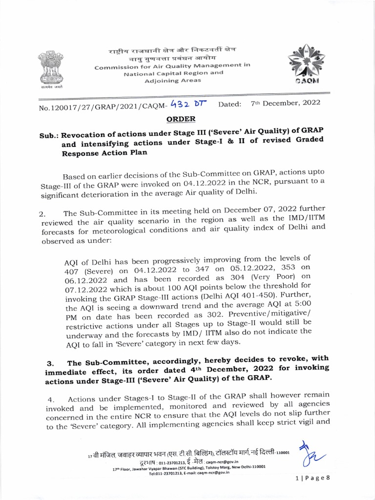 GRAP Stage III Revocation Order | PDF | Government | Government Of India
