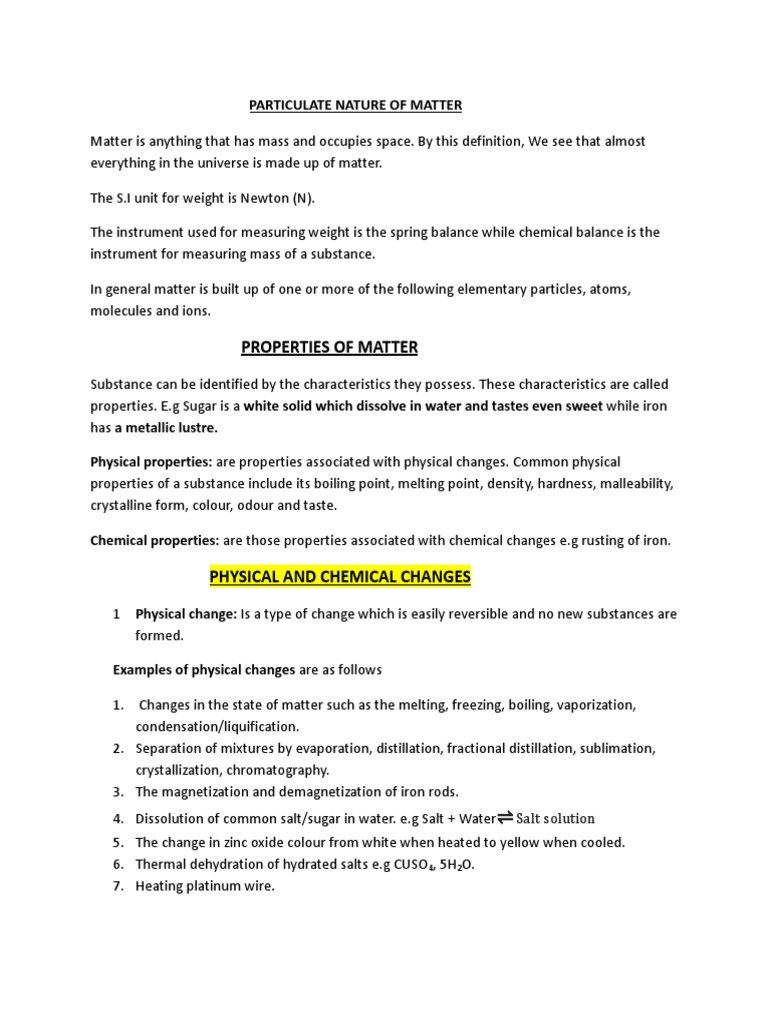 Student Notes (Particulate Nature of Matter) | PDF | Chemical Elements ...