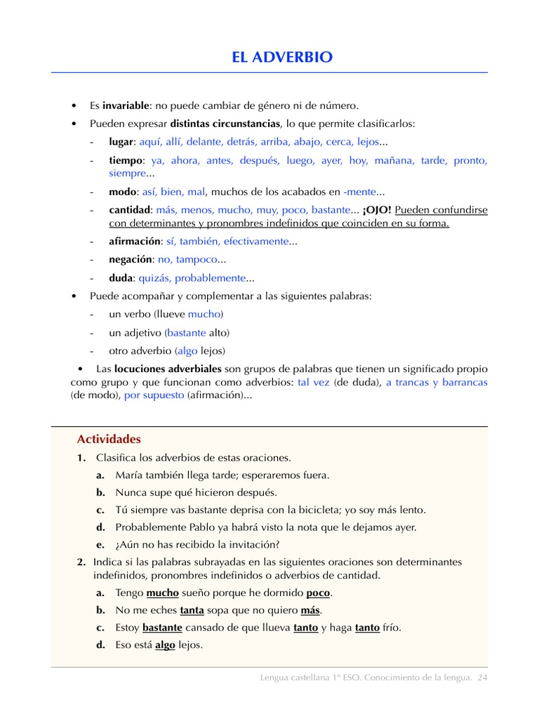 Adverbios en Lengua 1º ESO: Actividades | PDF | Adverbio | Lingüística