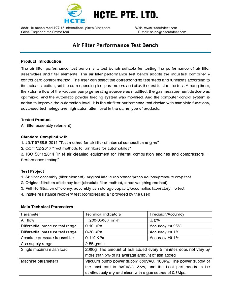 Air Filter Performance Test Bench - Specification (HCTE) 20221028 | PDF ...