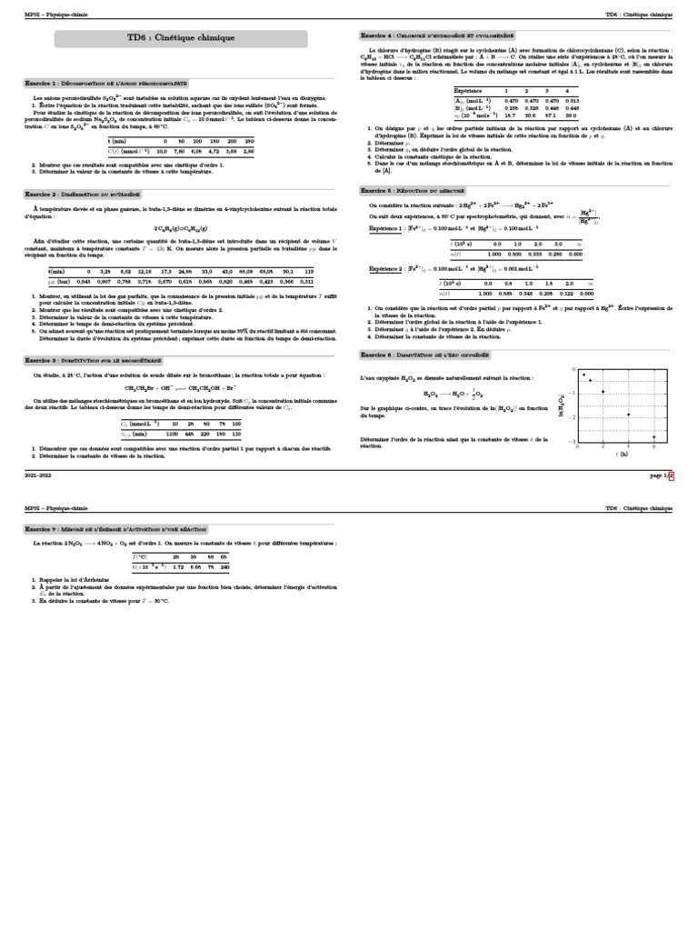 td6 Cinetique Chimique | PDF | Cinétique chimique | Réactions chimiques