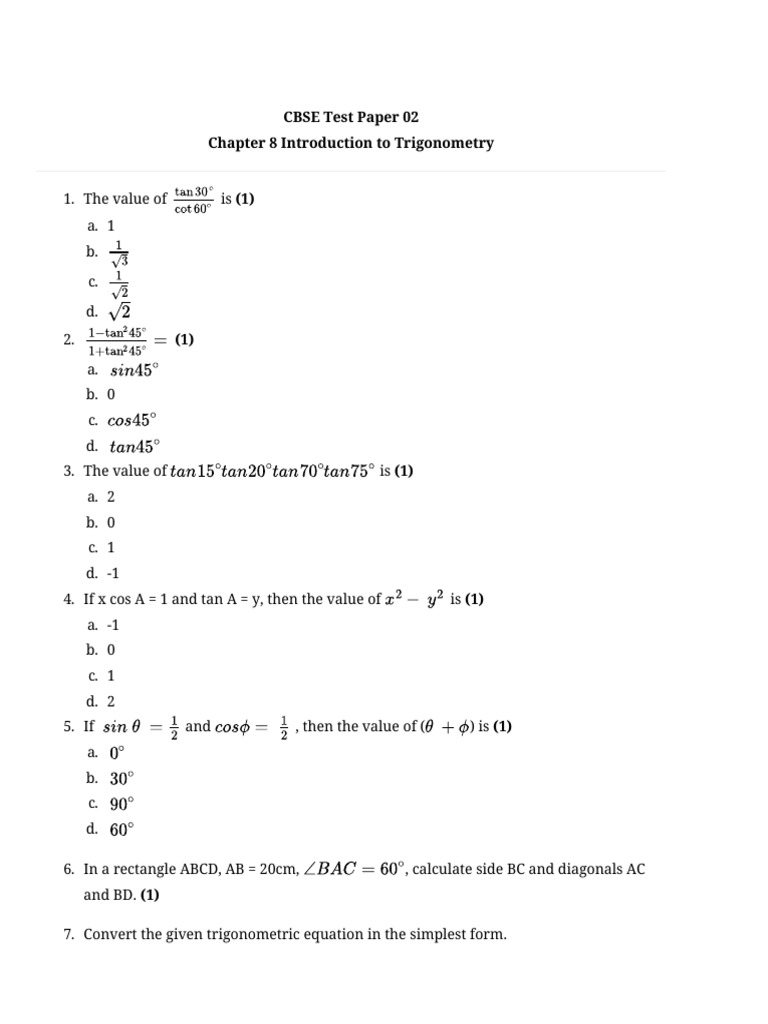 CHP 8 Trigonometry Revision Worksheet | PDF | Trigonometry ...
