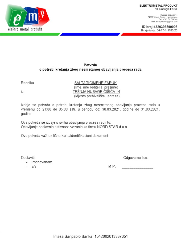 Potvrda o Kretanju | PDF