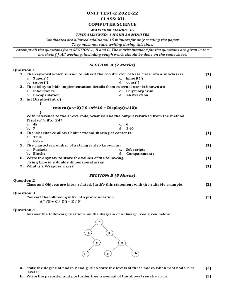 Unit Test 2 2021 22 Class Xii Computer Science Section A 7 Marks Pdf Method Computer