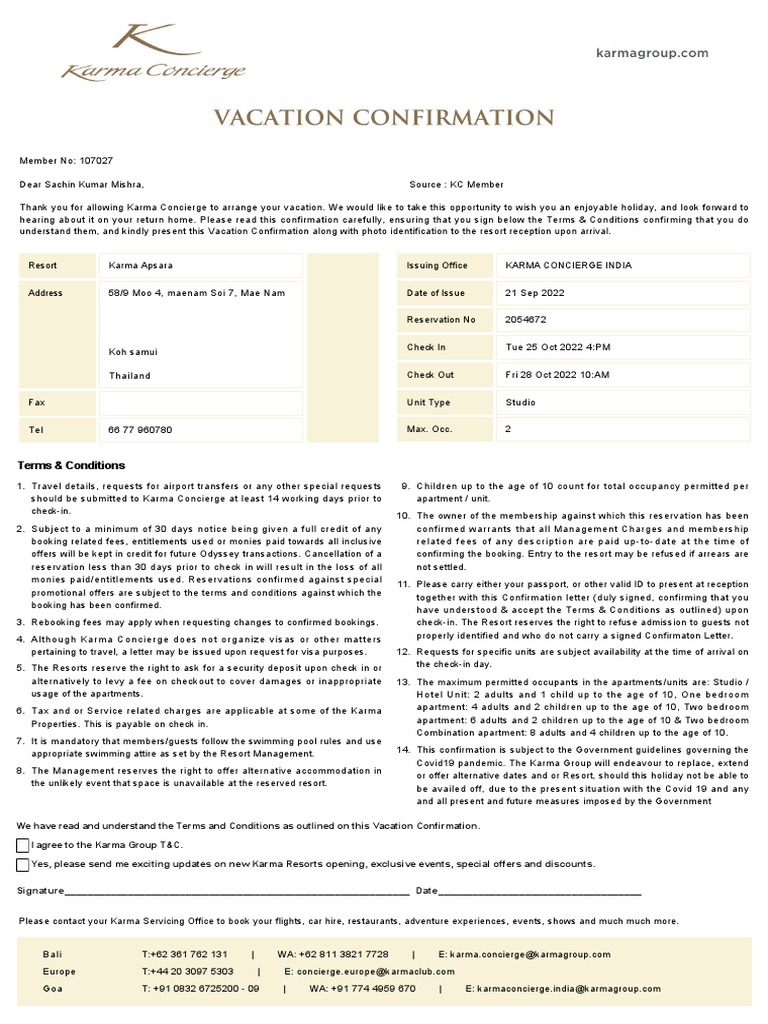 Karma Apsara Vacation Confirmation | PDF | Travel Visa | Government