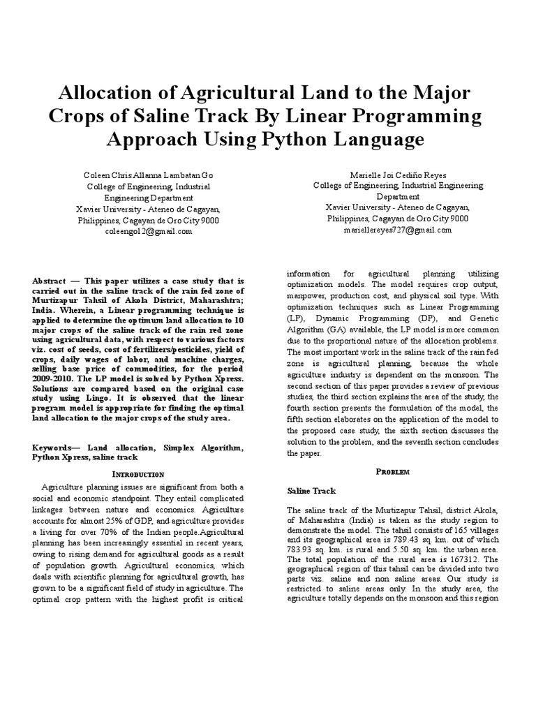 Allocation of Agricultural Land To The Major Crops of Saline Track by Linear Programming ...