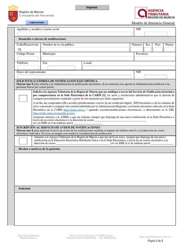 Modelo de Instancia General Murcia | PDF | Correo | Gobierno