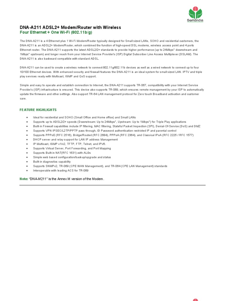 Modem Dna A211 | Download Free PDF | Router (Computing) | Computer Network