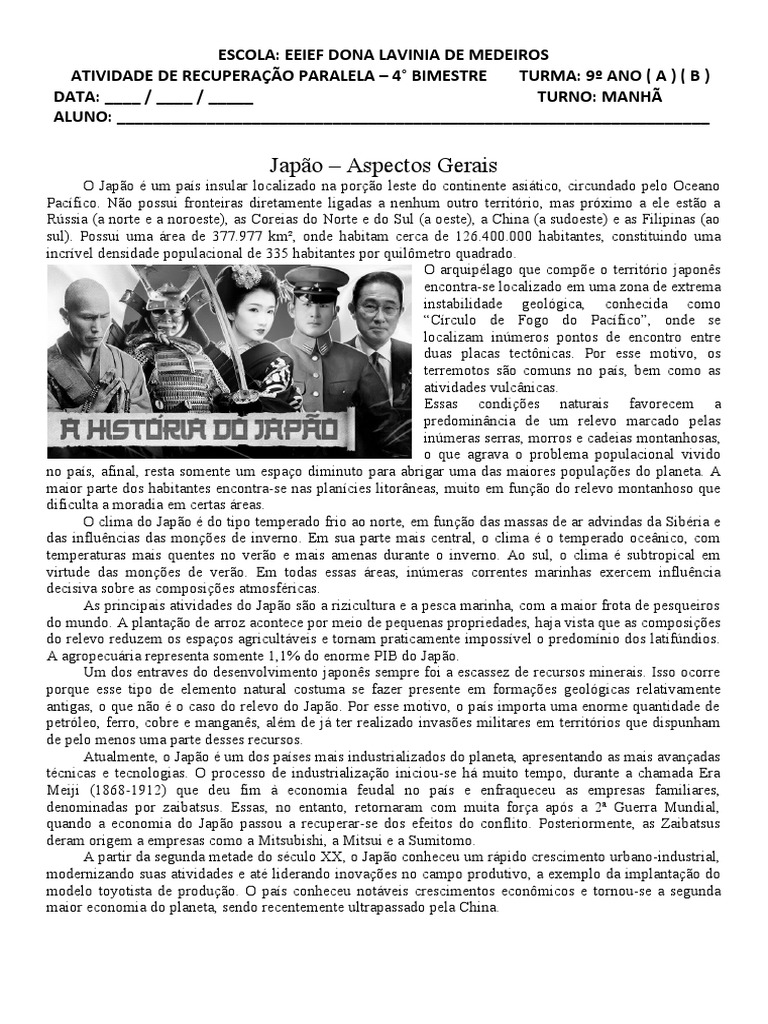 ATIVIDADE DE RP Lavinia 9 ANO | PDF | Japão | Clima temperado