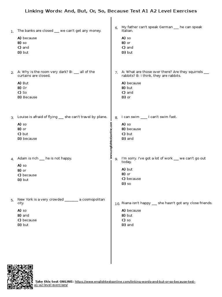414 - Linking Words and But or So Because Test A1 A2 Level Exercises | PDF