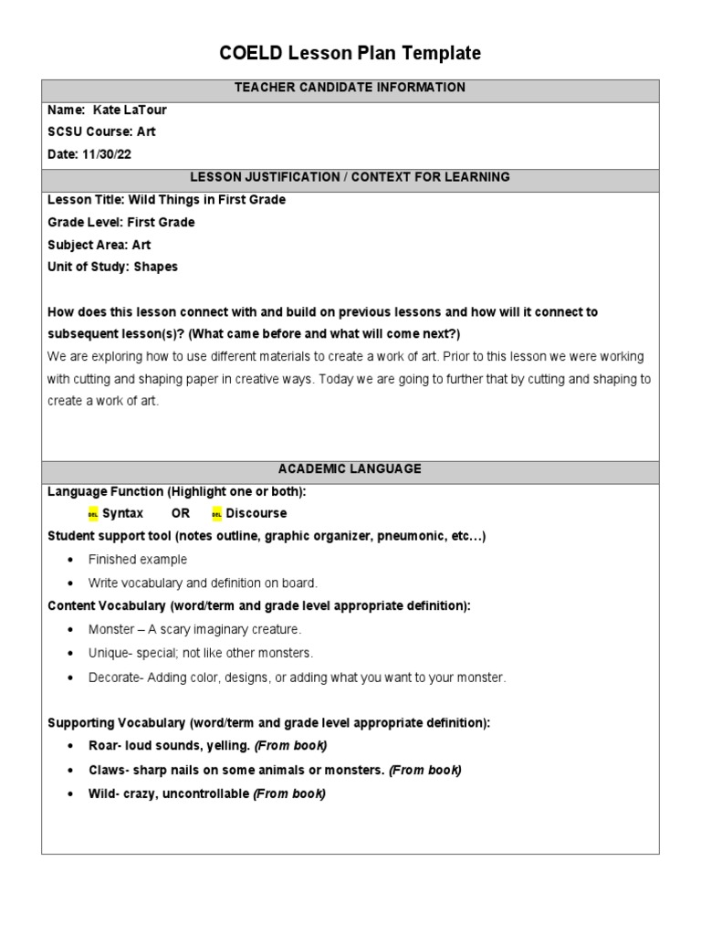 Scsu Coeld Edtpa Lesson Plan Template 1 | PDF | Lesson Plan | Vocabulary