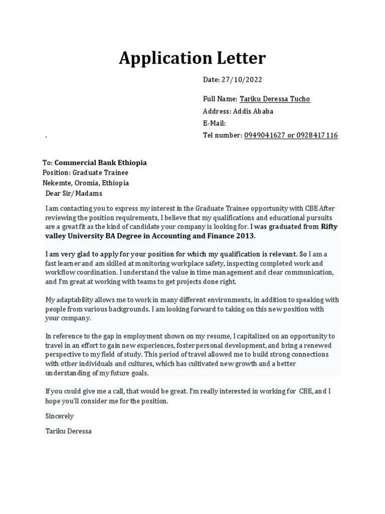 Application Letter Tariku | PDF | Cognitive Science