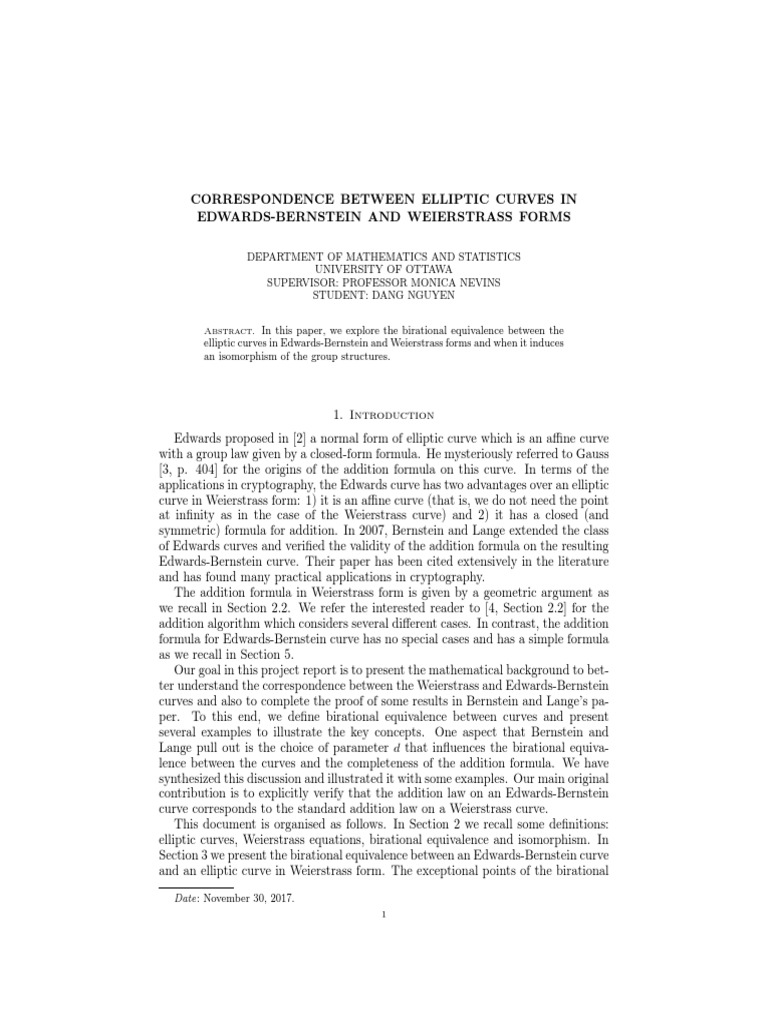 Correspondence Between Group Laws on Elliptic Curves in Edwards-Bernstein and Weierstrass Forms ...