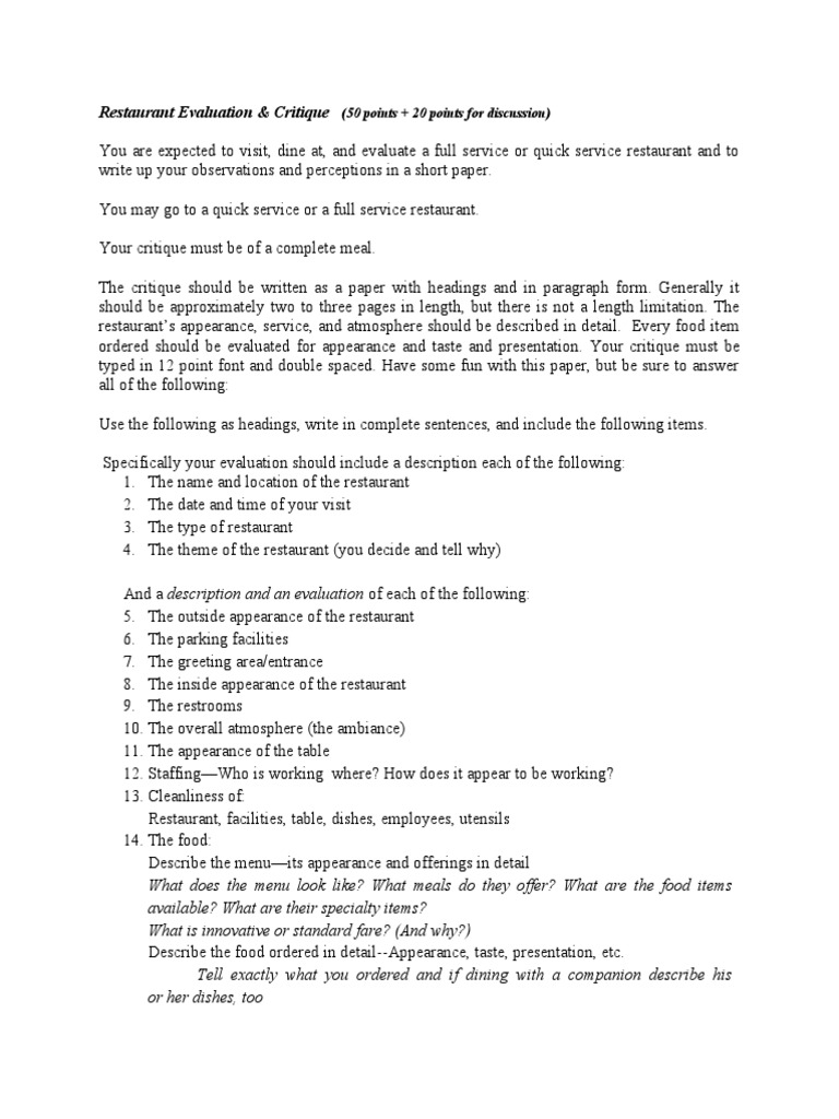 Restaurant Evaluation Guidelines | PDF | Restaurants | Menu