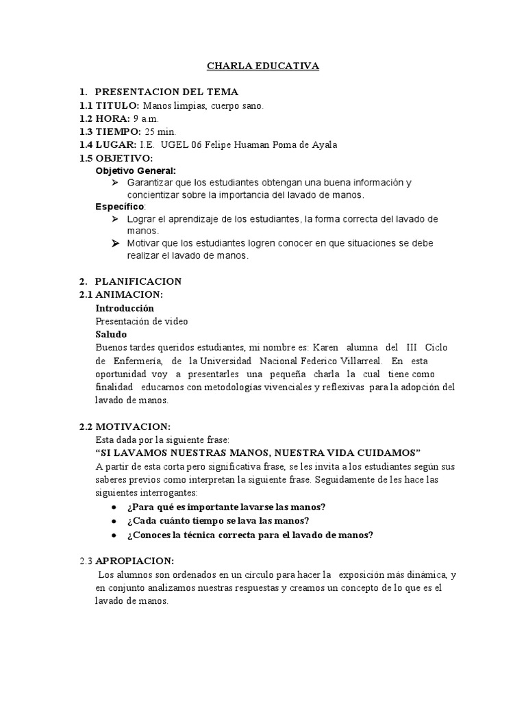 Esquema de Charla | PDF | Lavado de manos | Microbiología