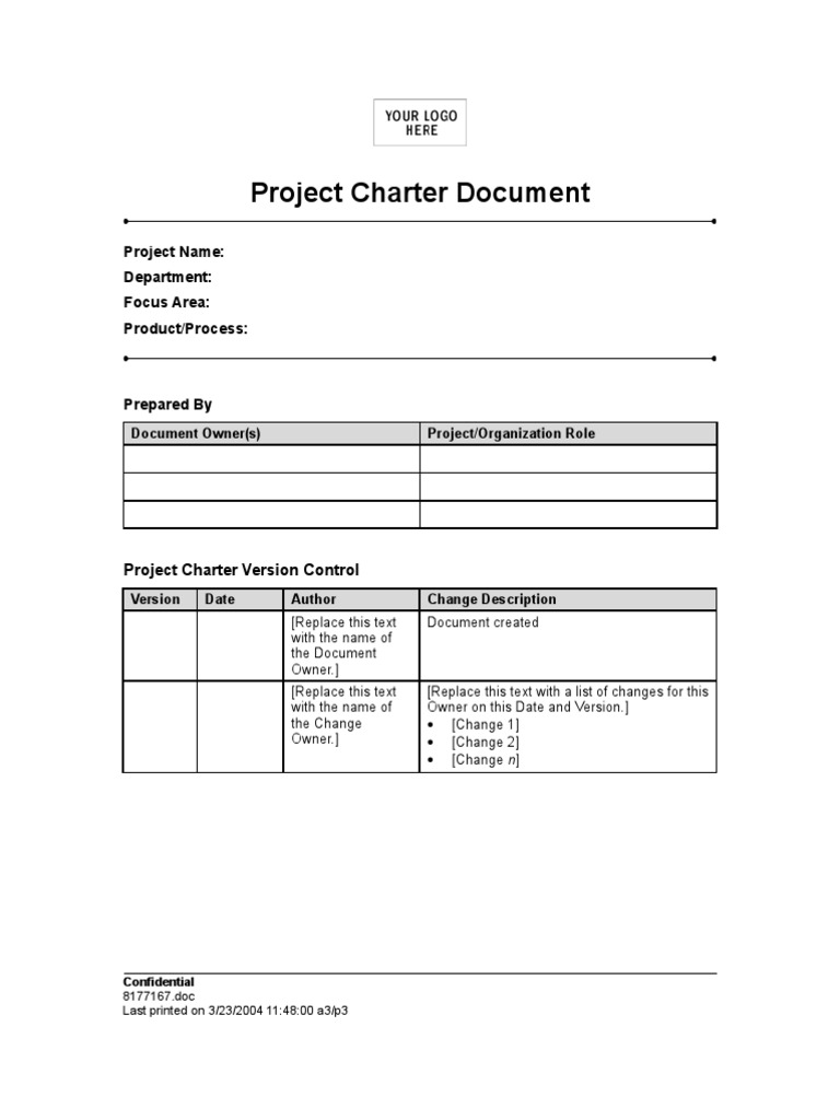 Project Charter Document: Project Name: Department: Focus Area: Product ...