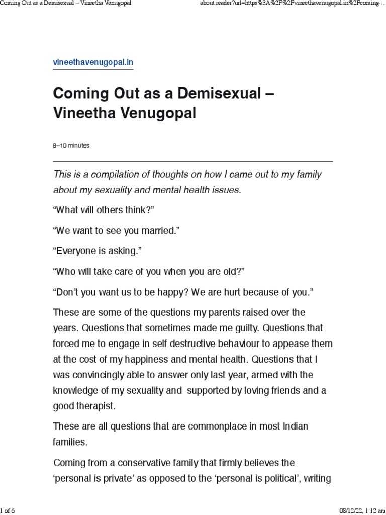 Coming Out As A Demisexual - Vineetha Venugopal | PDF | Psychological Concepts | Intimate ...