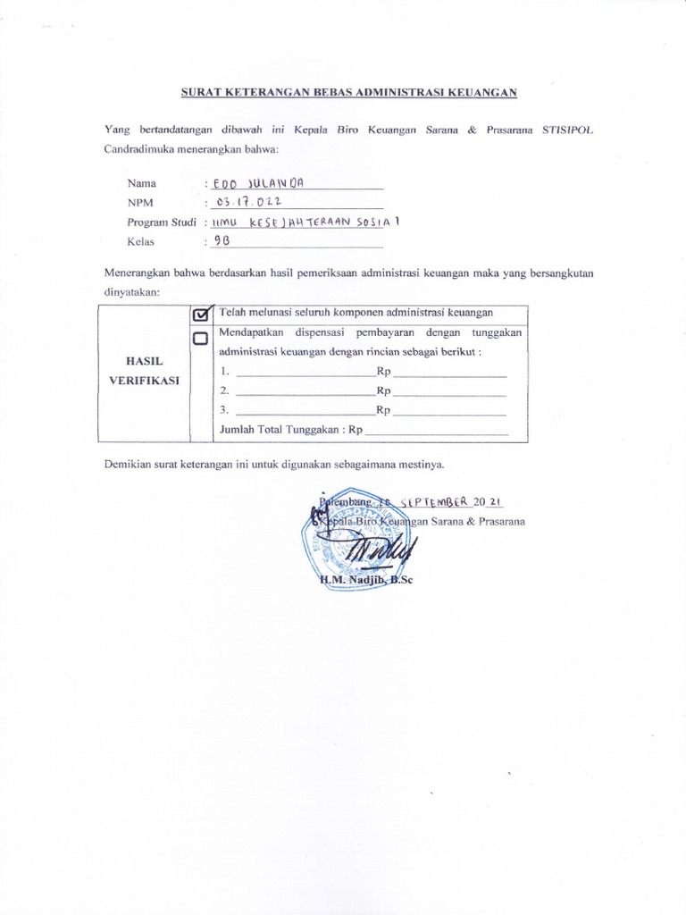 Surat Keterangan Bebas Administrasi Keuangan | PDF