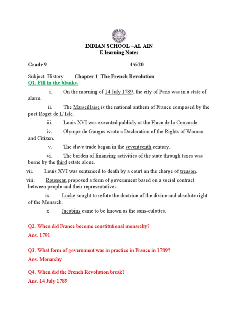 French Revolution Complete Notes Grade 9 CBSE | PDF | French Revolution ...