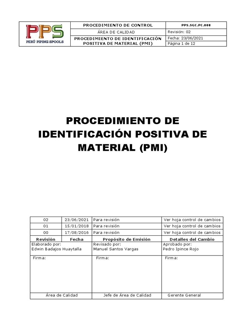 PPS.SGC.PC.008 Identificación Positiva del Material (PMI) rev.02 - sin firma | PDF | Calibración ...