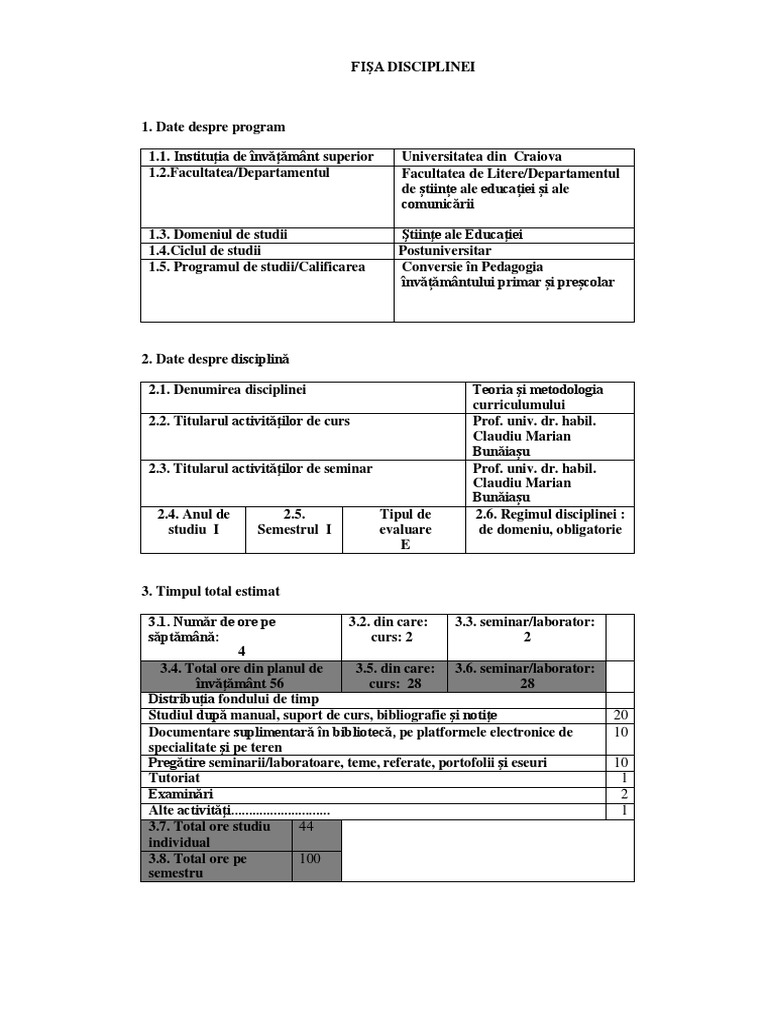 Fisa Disciplinei - CPIP - Teoria Si Metodologia Curriculumului ...