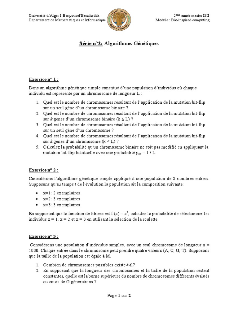 Exercices sur les Algorithmes Génétiques | PDF | Algorithme génétique ...