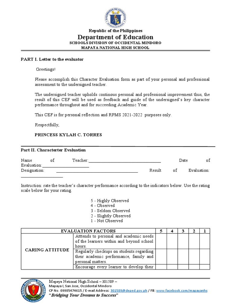 Character Evaluation Form | Download Free PDF | Teachers | Behavior ...