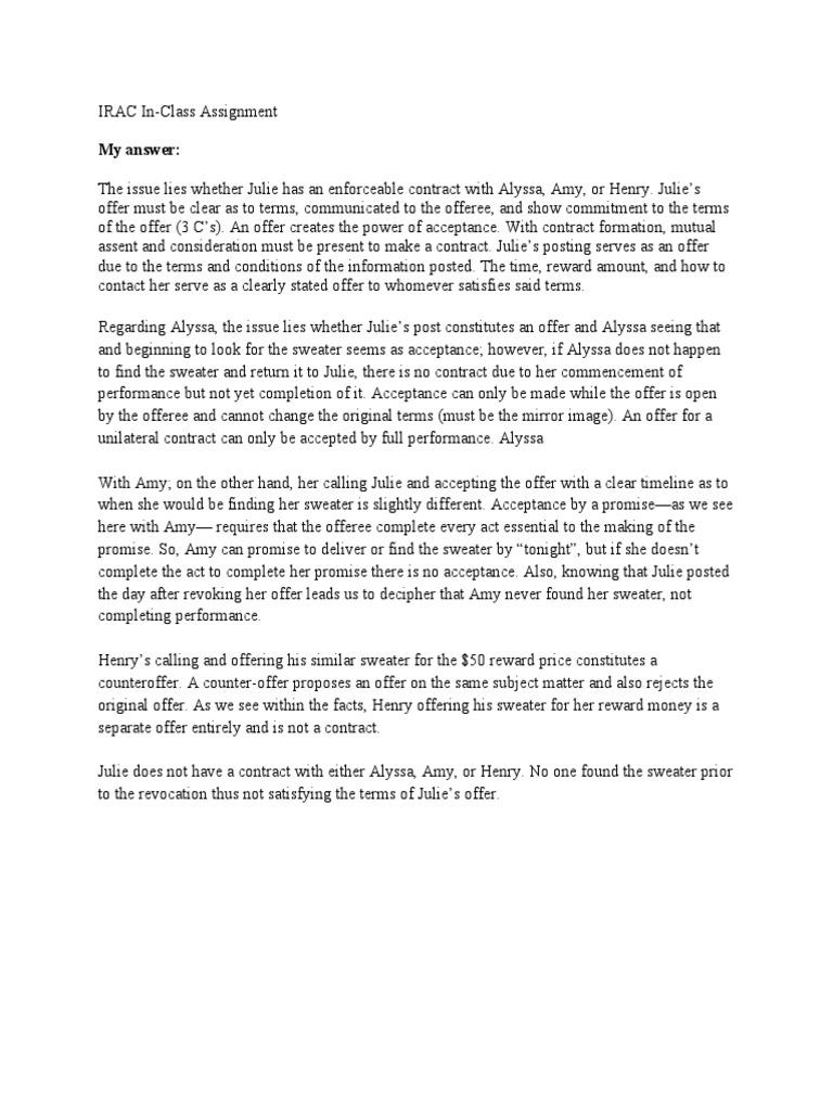 IRAC in Class Assn. | PDF | Offer And Acceptance | Legal Ethics