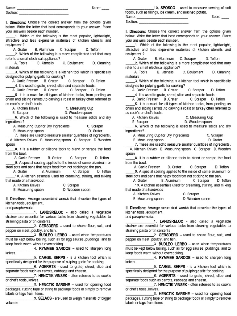 Quiz in TLE | PDF | Spoon | Foods