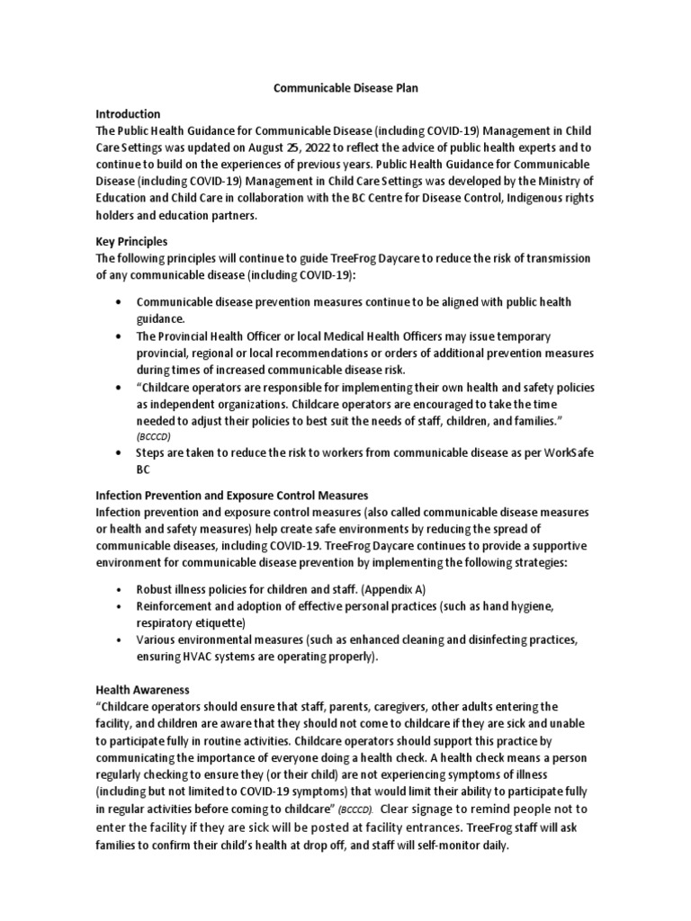Communicable Disease Plan | PDF | Child Care | Hand Washing