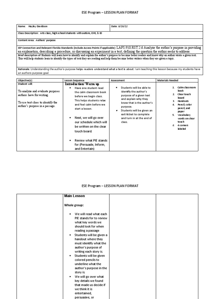 Davidson Lesson Plan Ese Program-1 | Download Free PDF | Lesson Plan ...