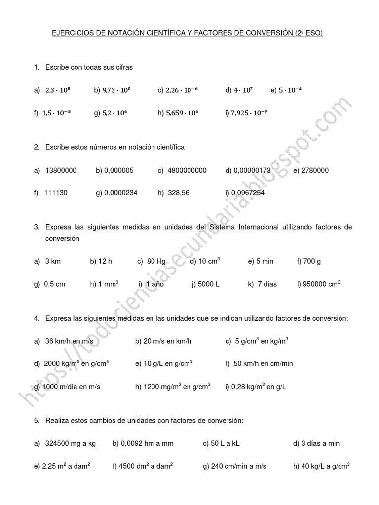 Ejercicios Resueltos de Notación Científica y Factores de Conversión (2º Eso) | PDF | Cantidades ...