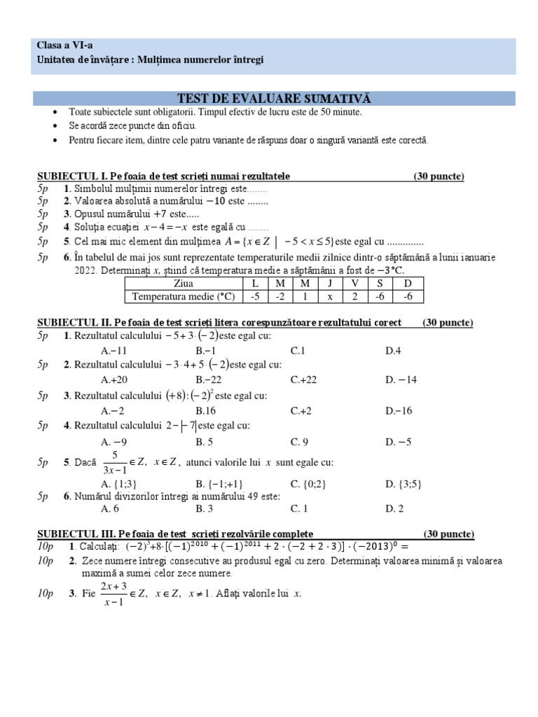 Evaluare Sumativa NR Intregi | PDF