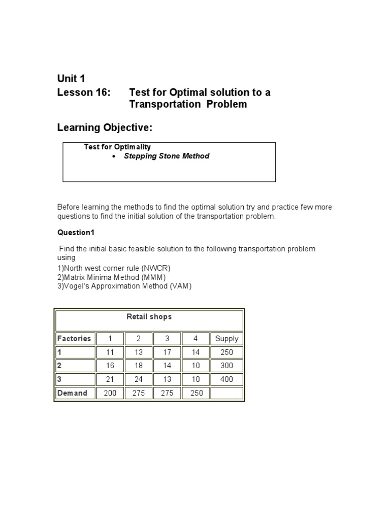 Lesson Test For Optimal Solution To A Transportation Problem | PDF ...