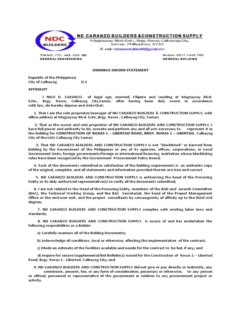 Omnibus Sworn Statement | PDF | Notary Public | Business