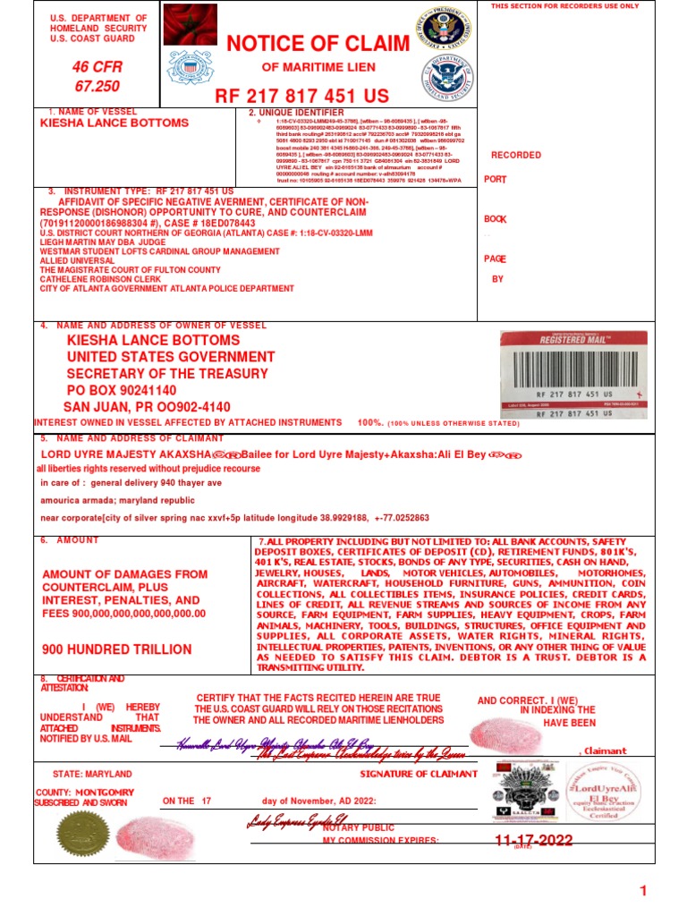 Maritime Lien Claim Notice for Vessel | PDF | Credit | Finance & Money ...