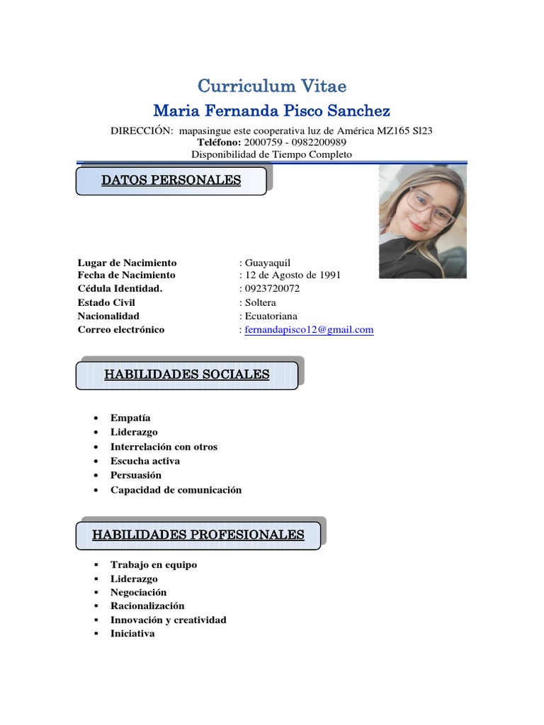 Curriculum Vitae de Maria Fernanda Pisco Sanchez, con experiencia en ventas y atención al ...