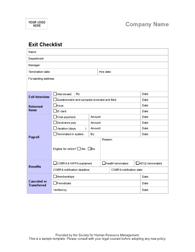 employee exit interview checklist form