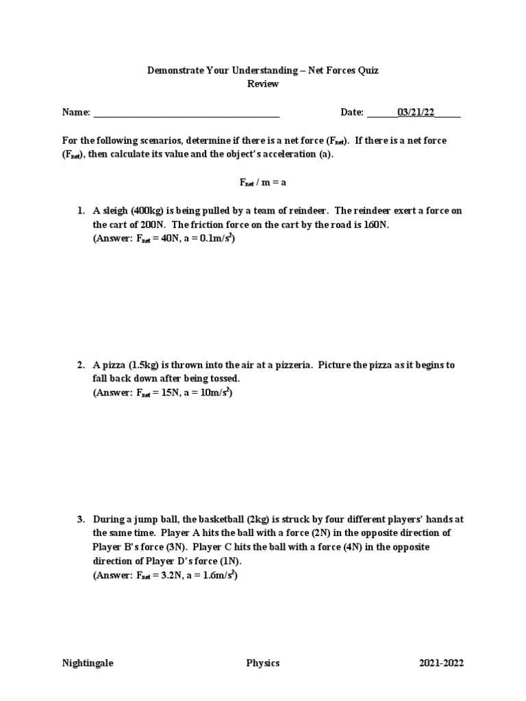 Net Forces Quiz: Calculate Fnet and Acceleration | PDF