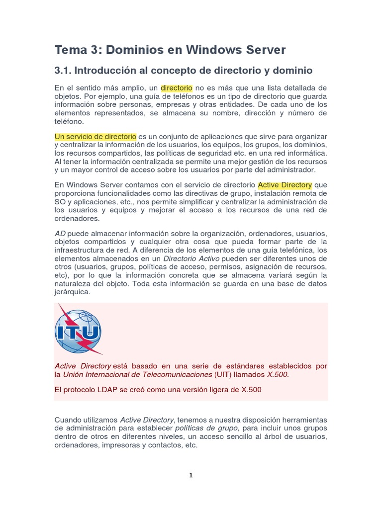 Tema 3. Dominios en Windows Server | PDF | Directorio Activo | Redes de ...