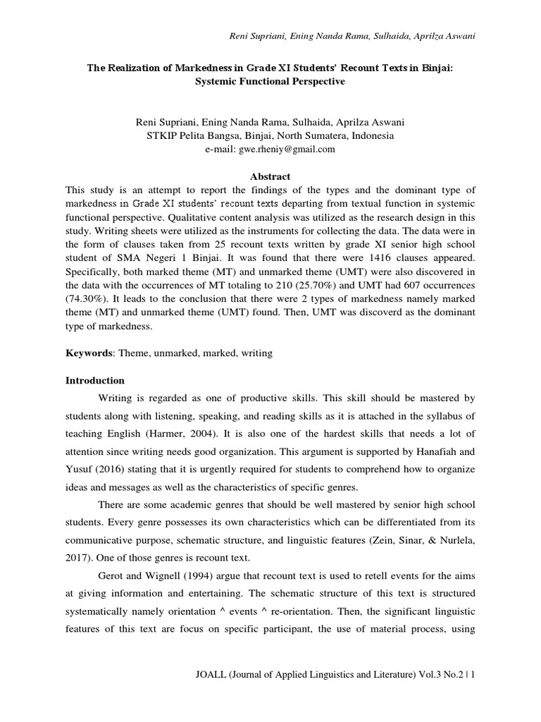 Markedness in Students' Recount Texts | PDF | Clause | Cognitive Science