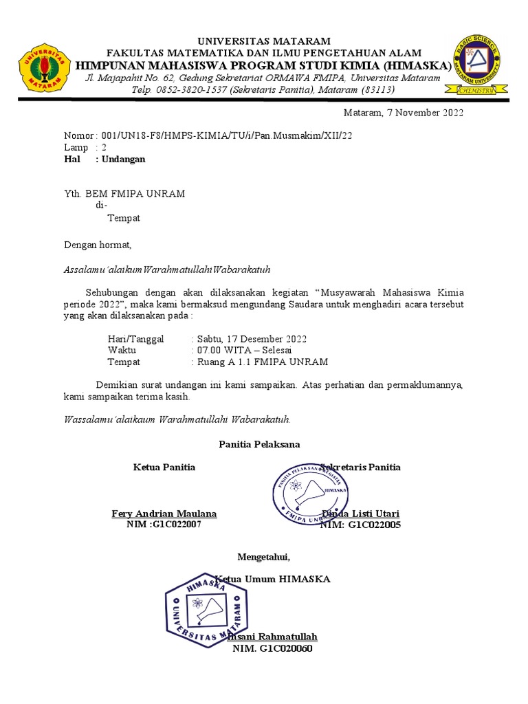 Surat Undangan BEM FMIPA UNRAM | PDF