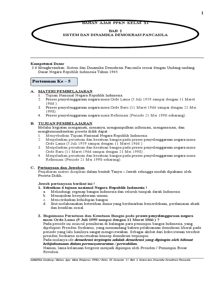 Bahan Ajar PPKN Kelas XI Bab 2 Sistem Dan Dinamika Demokrasi Pancasila, Pertemuan Ke - 5 | PDF
